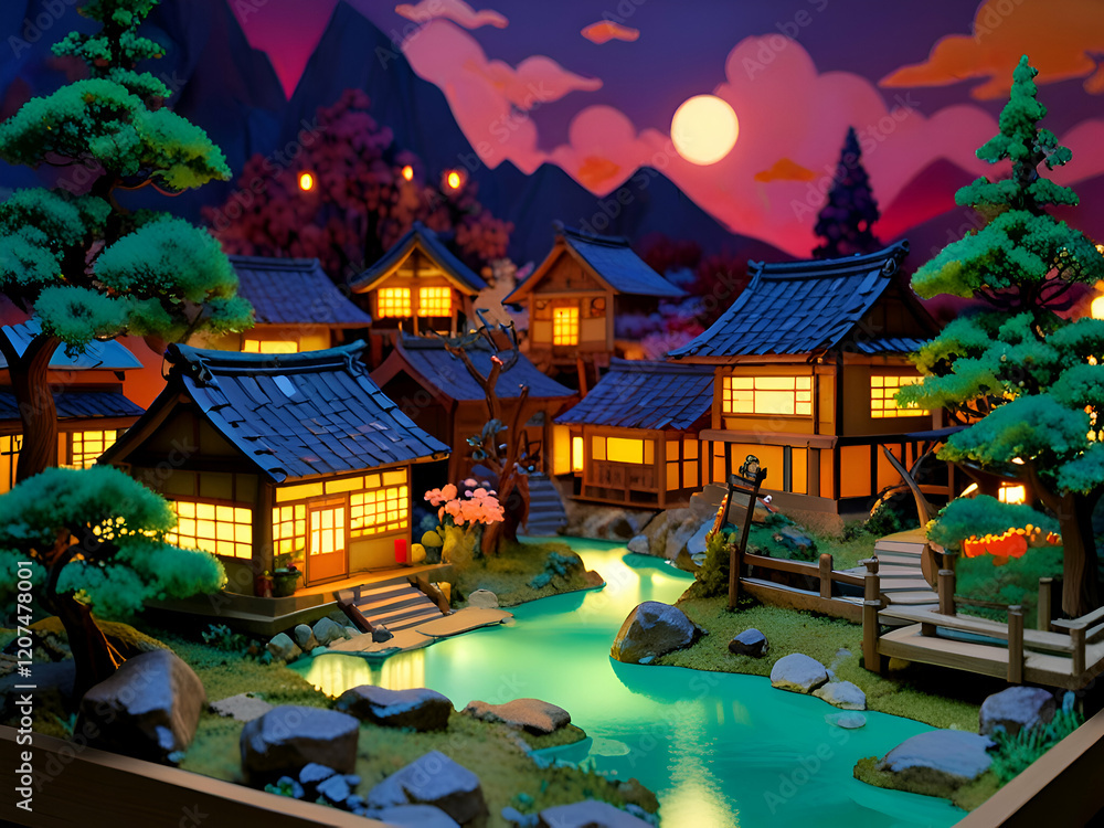 Traditional Japanese House Glowing Under a Starry Night Sky with black ...