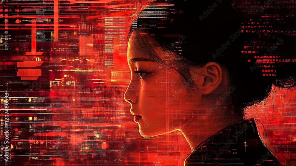 AI cyber security threat illustration, chinese asian IT specialist ...