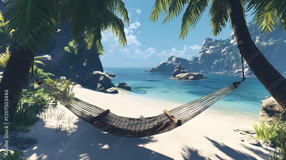serene tropical paradise with hammock strung between two palm trees on sandy beach, overlooking ...