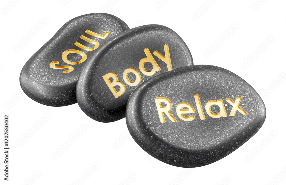 Massage Stones for spa therapy. Soul, body, relax inscription on the ...