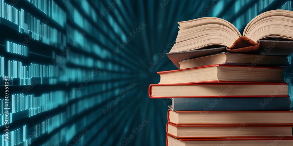 stack of books with open book on top, set against glowing digital ...