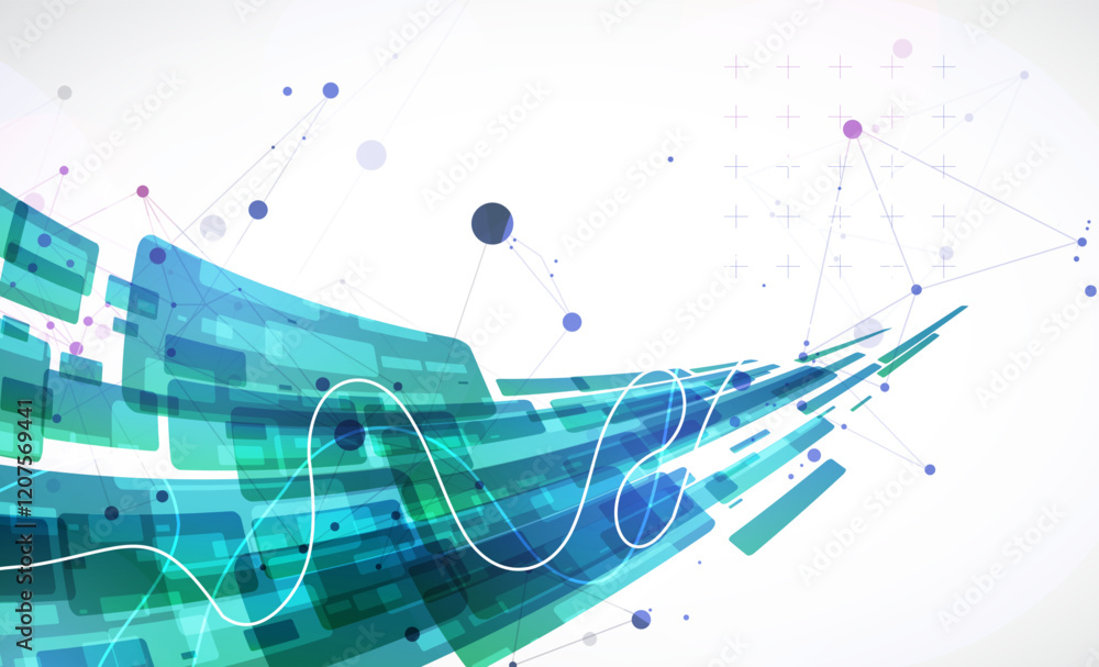 Abstract wave of rectangles with plexus elements. Hand drawn vector ...