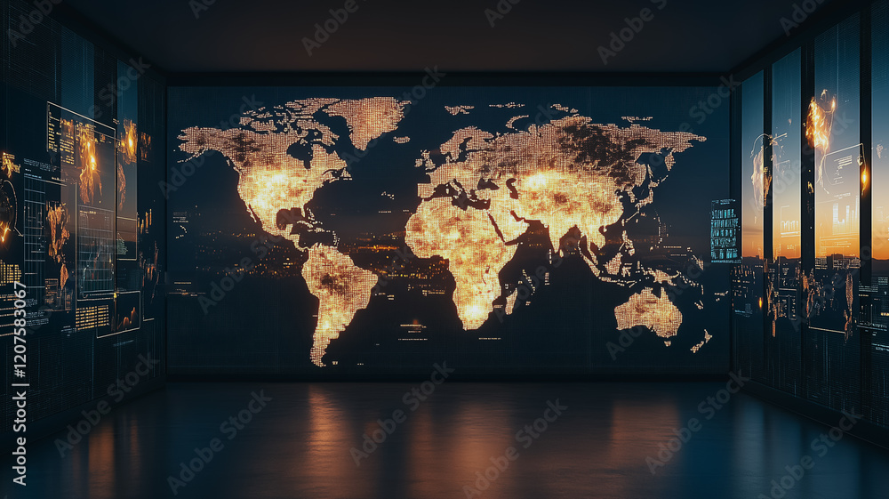 Global Network Visualization: A futuristic room features a large, illuminated world map on the ...
