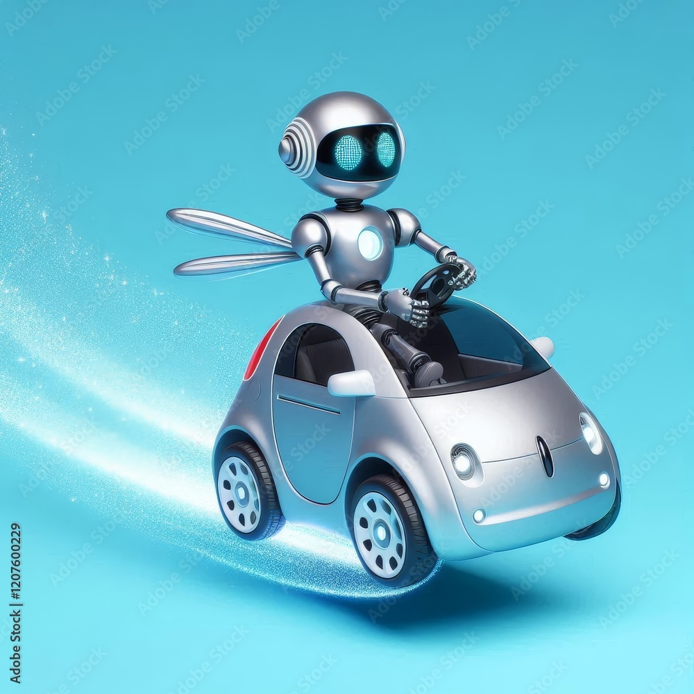 Friendly robot with light gray metallic body flies in a self-driving ...