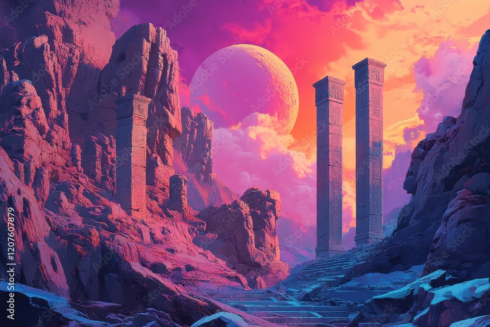 Ancient Pillars and Rocky Landscape with a Purple Planet in the Sky ...