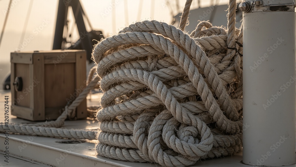 Nautical ship deck with coiled rope wooden crate and golden sun rays ...