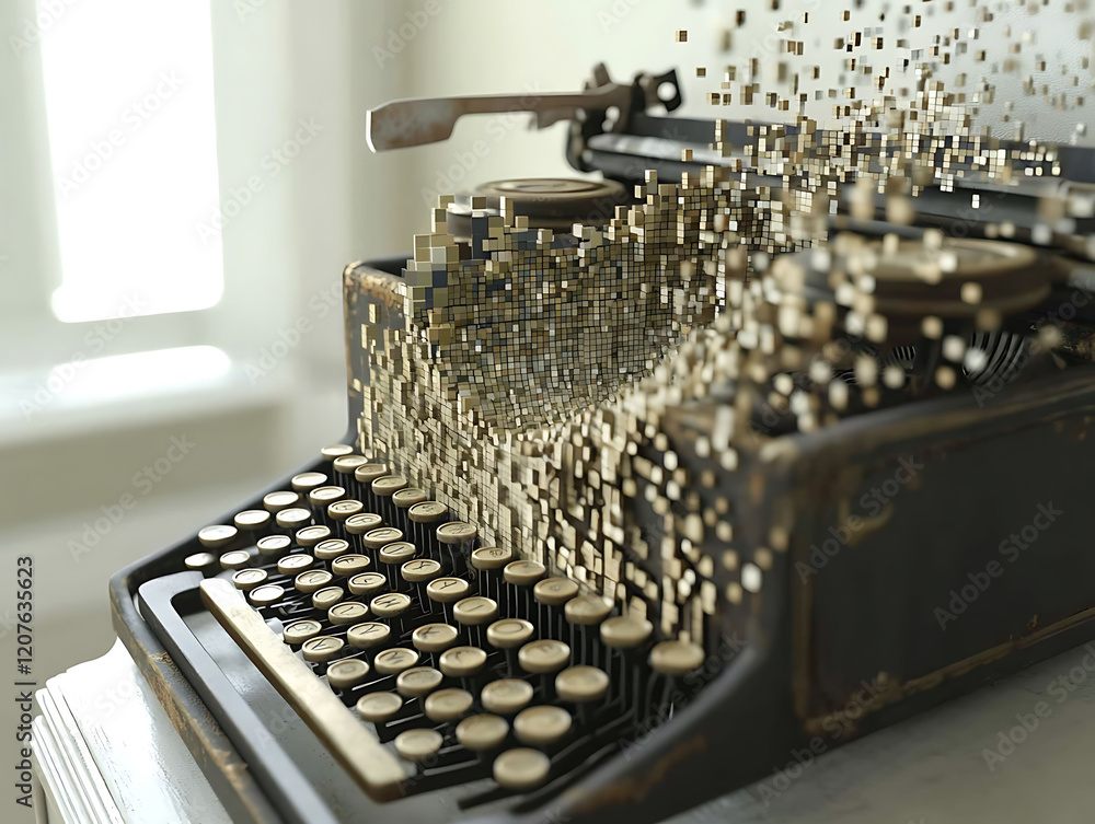 Vintage typewriter dissolving into digital pixels a captivating image representing the ...
