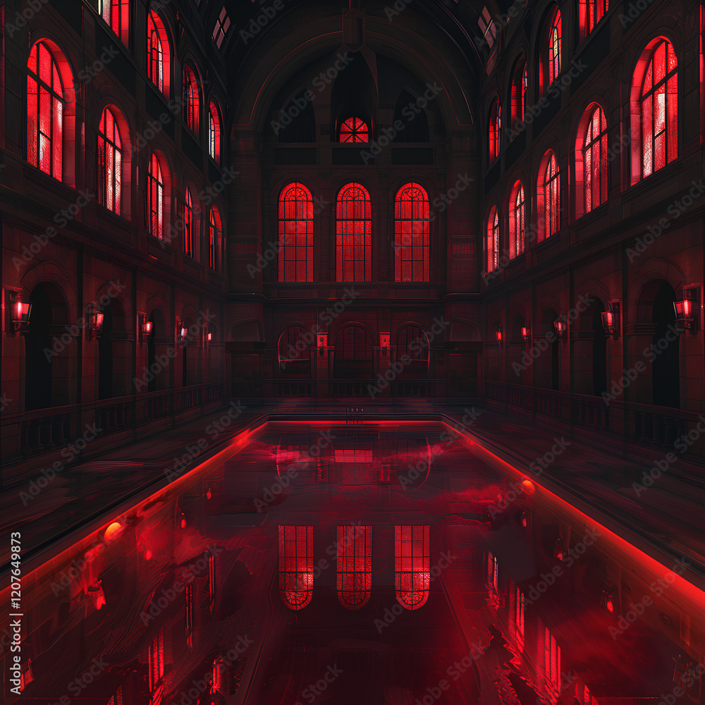 red, glowing pool in the middle of an old Victorian Gothic bathhouse ...
