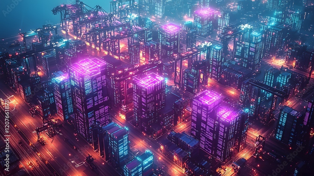 Futuristic aerial view of a shipping port featuring interactive data ...