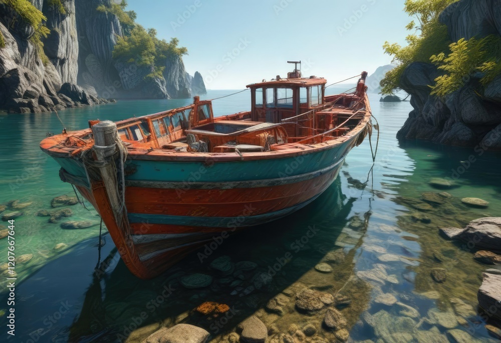 Barnacle-covered boat docked in shallow water, rocky shoreline, boat ...