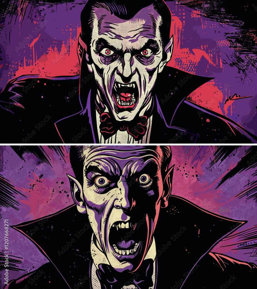Vampire portrait cartoon vector posters. Open mouth fangs old angry ...