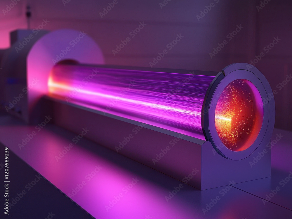 Illuminated spallation experiment showcasing particle beams colliding ...