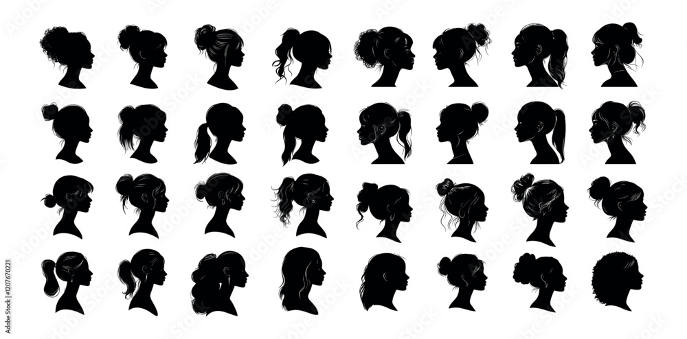 Woman heads profile black ink sketch silhouettes. Female hairstyles ...