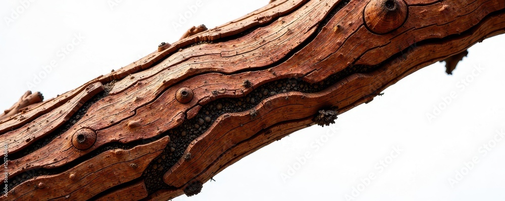 Padauk tree bark with prominent ridges on white background, wood ...