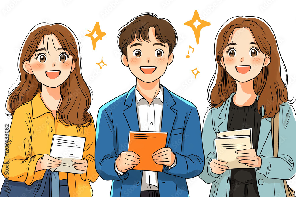 Anime style illustration of three young professionals in corporate ...