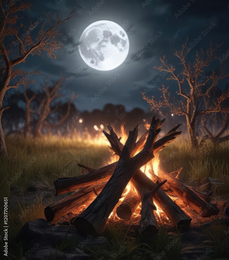 Burning wood and branches in a open field under the moonlight, forest ...
