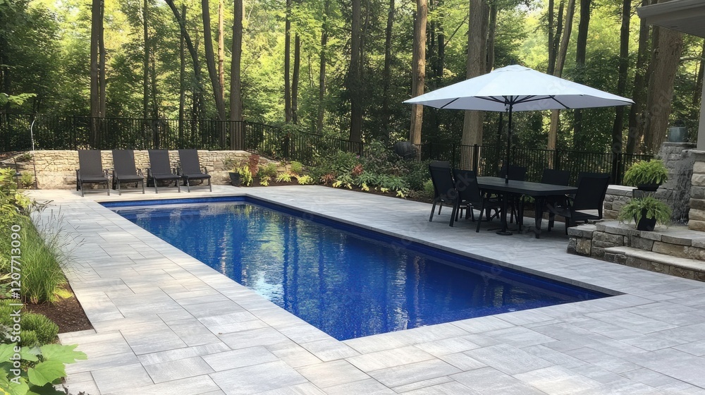 Luxury Backyard Oasis: Inground Pool, Patio, and Dining Area Stock ...