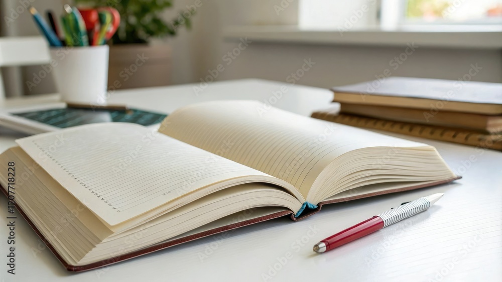 Close-up of a single open book on a desk, chapter headings, page ...