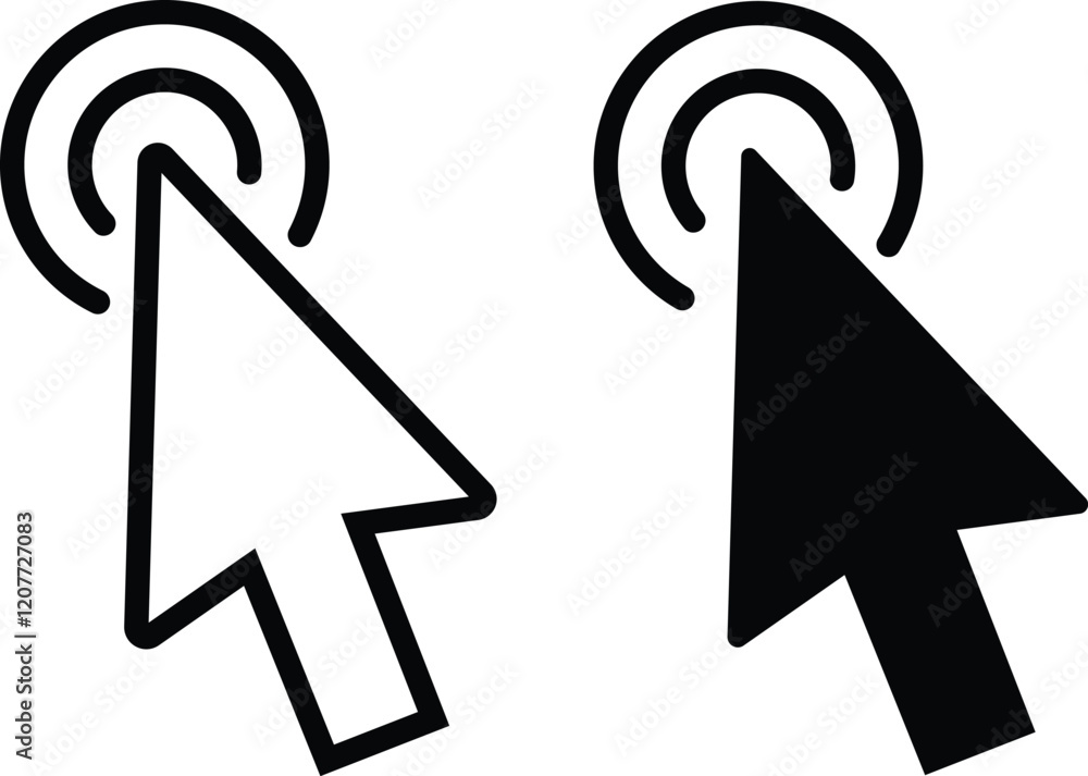 Computer mouse click cursor black line and flat arrow and hand icons set. Mouse pointer modern ...
