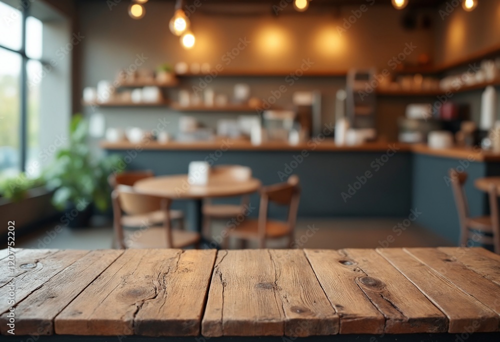 Empty old wood table top and blurred bokeh cafe and coffee shop ...