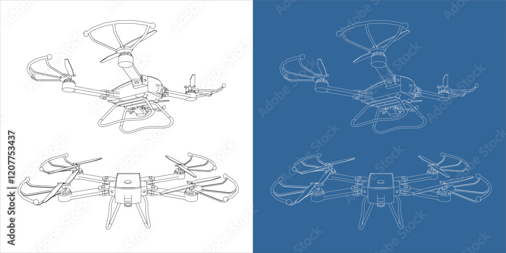 technical drawing of drone or quadcopter. blueprint line vector . Front ...