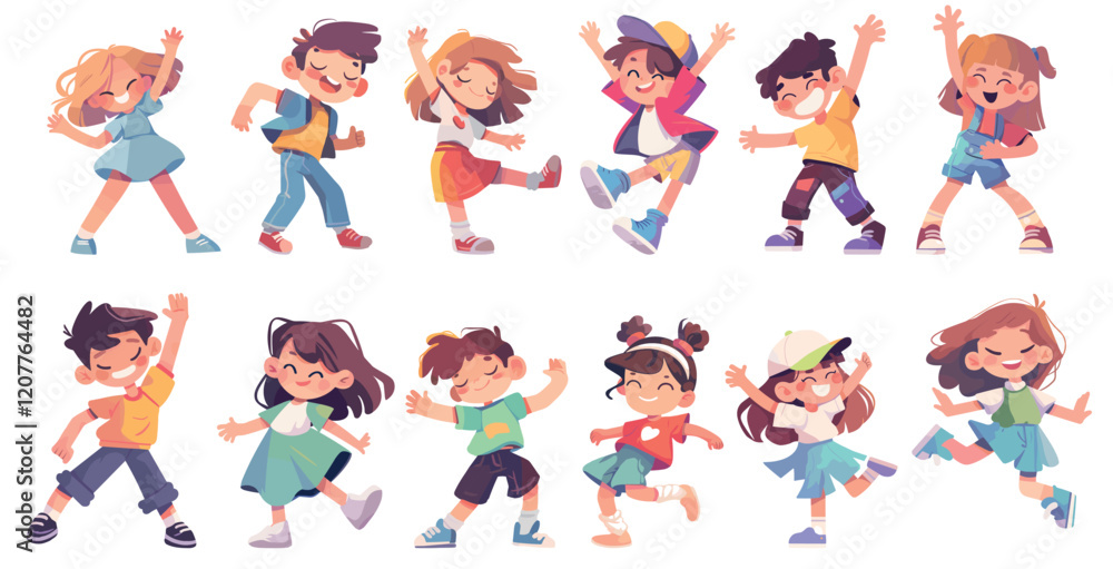Cartoon kids dance. Group boys girls children dancing music, happy ...