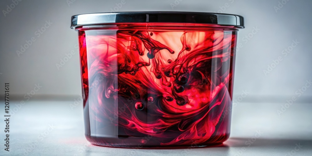 black and crimson liquid mixing in a strange container, mysterious ...