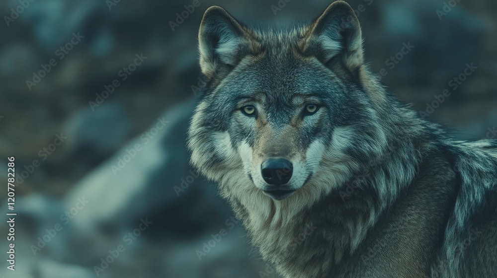 Majestic Gray Wolf Staring Intently with Mottled Fur and Fluffy Chest ...