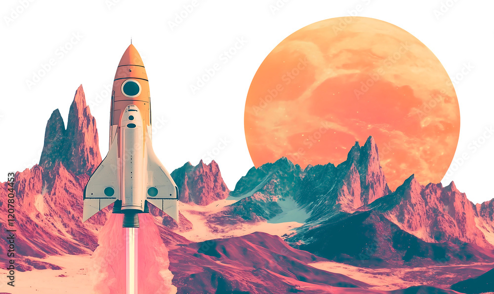 Futuristic Rocket Launching in Front of a Giant Orange Moon with ...