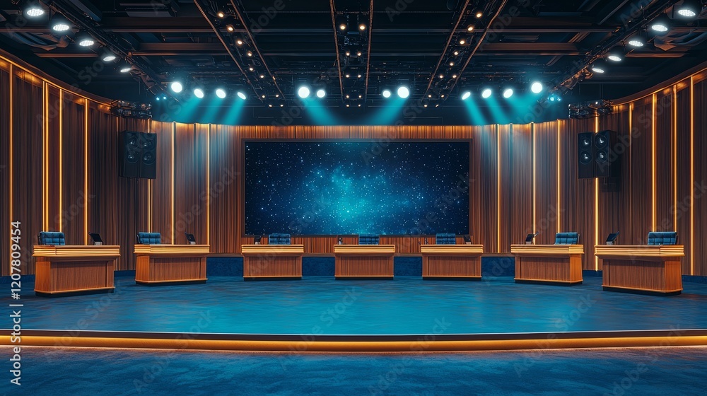 A political talk show set with a pre-election debate stage in a TV ...