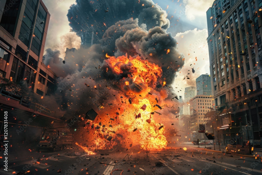 Massive explosion in an urban street with fiery flames, thick smoke ...