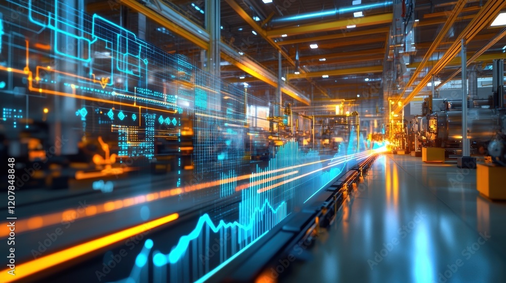 Futuristic data analysis overlaying increasing production statistics ...