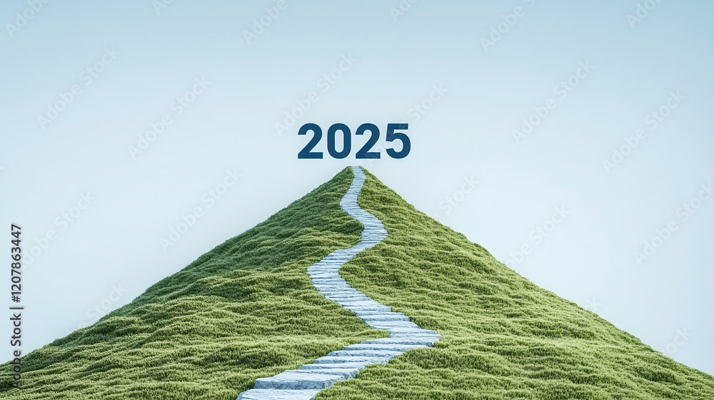winding path leads to distant peak marked 2025 with new challenges in ...