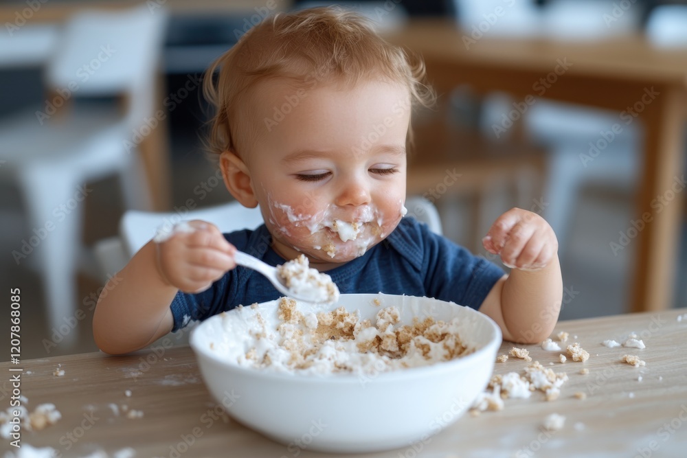 A blissful toddler explores a bowl of food, delightfully messy ...