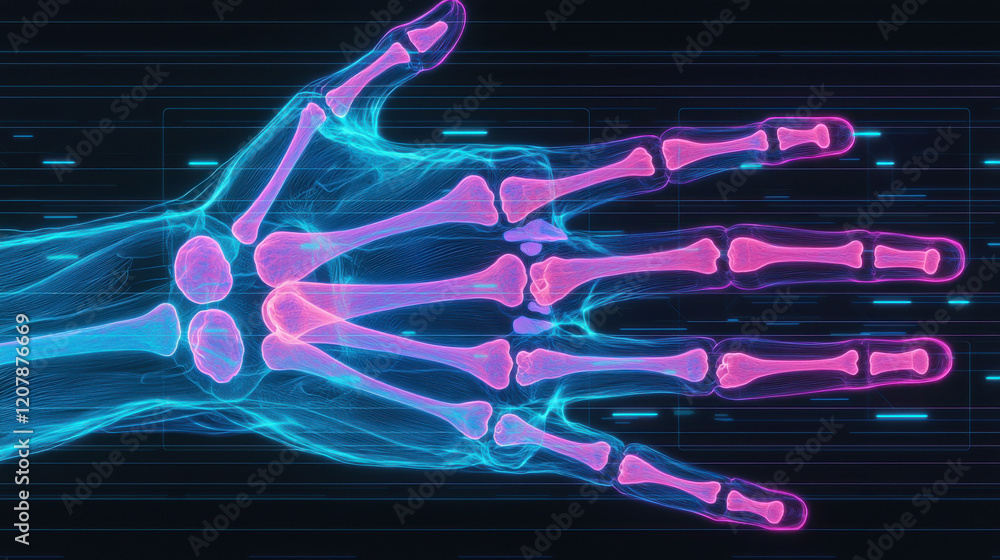 glowing X ray of human hand, showcasing intricate bone details and ...