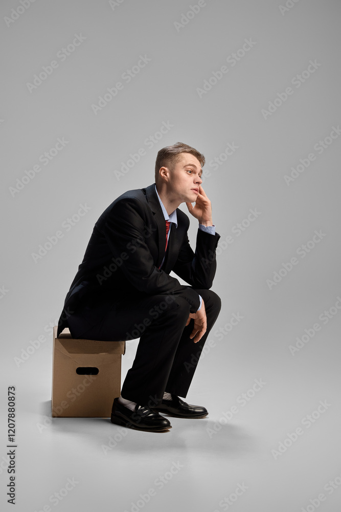 Man sitting on box, leaning forward, resting chin on hand, appearing ...