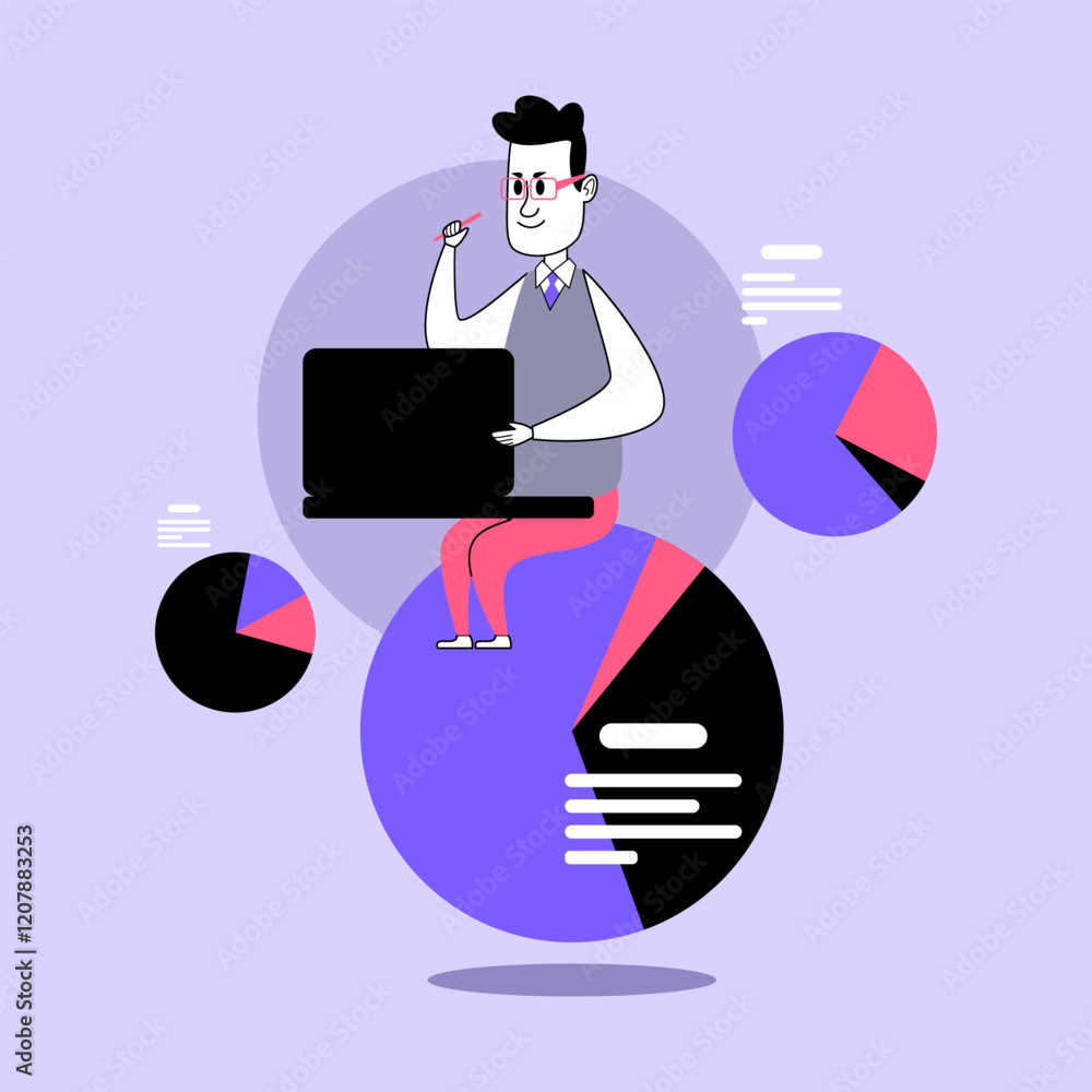 Professional sitting with laptop, depicting focus and insight. Colorful ...
