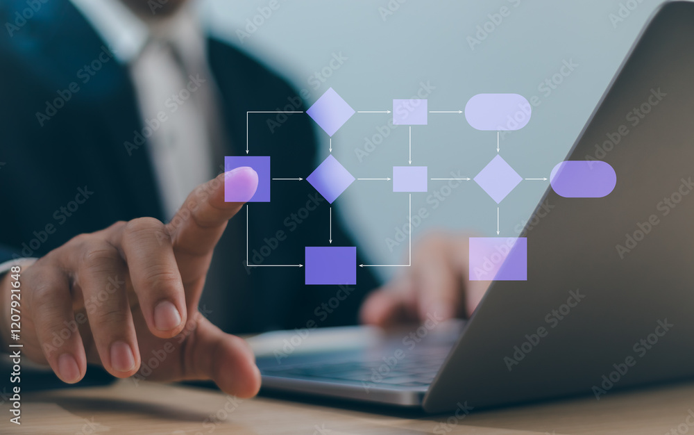 Work process and flowchart Managing the hierarchical structure of organization. Businessman show ...