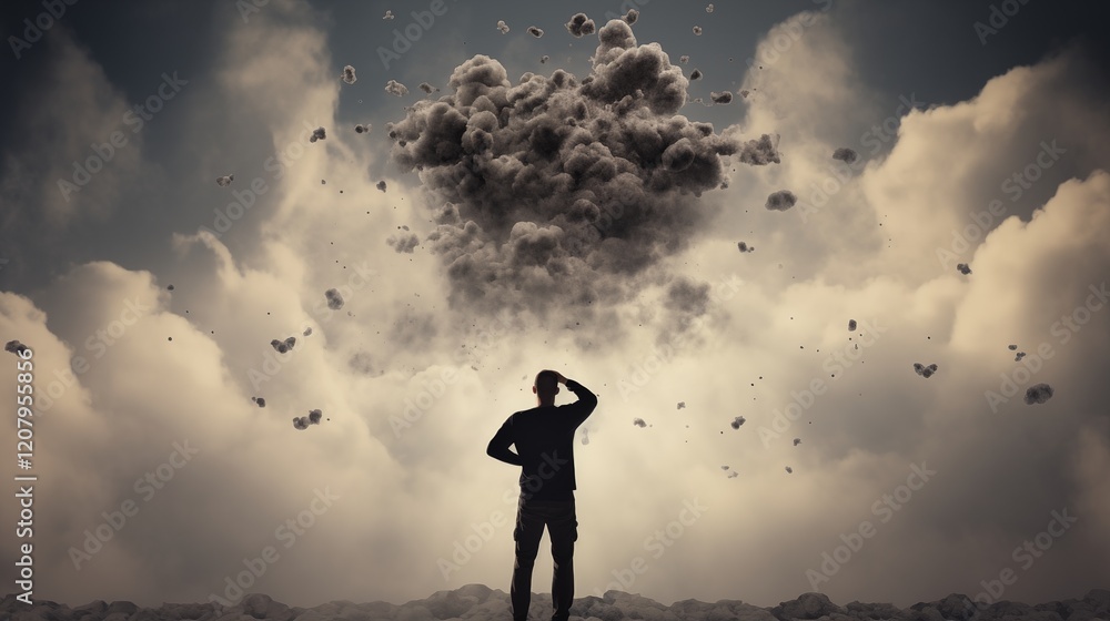 A silhouette of a person with cloud of question marks above their head ...