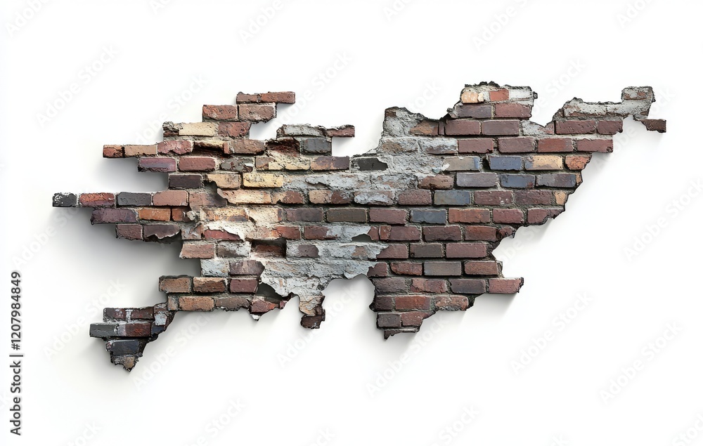 Damaged brick wall section with missing bricks and crumbling mortar, isolated on white ...