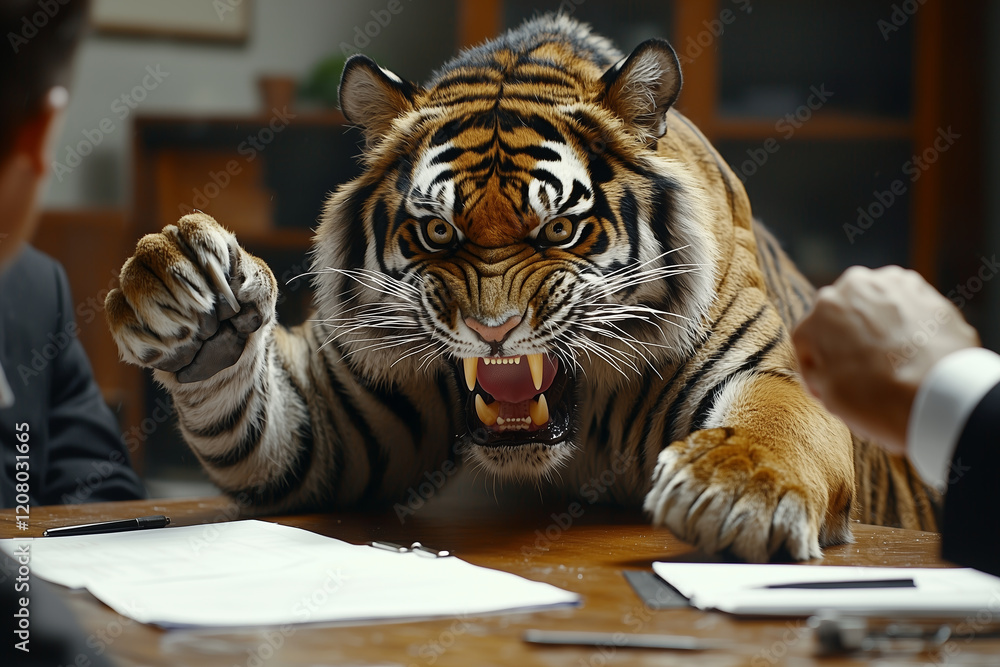 fierce tiger in formal suit, growling at two people in meeting. scene ...
