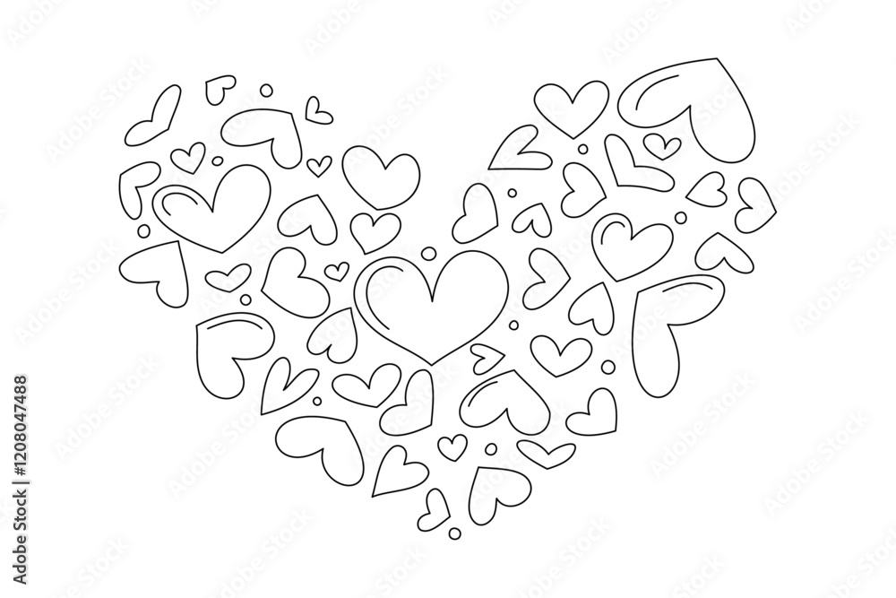 hand drawn little hearts in a big heart. Linear figures for Valentine's ...