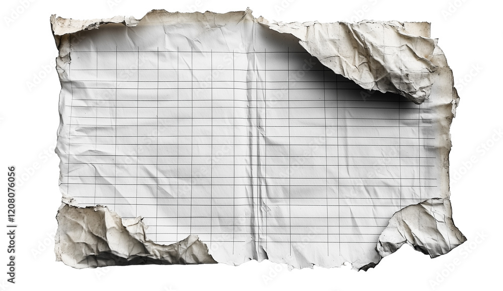 Torn and crumpled vintage grid paper with weathered edges, distressed ...