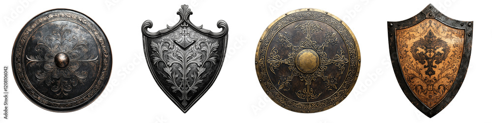 Collection of medieval-style vintage shield with intricate engravings ...