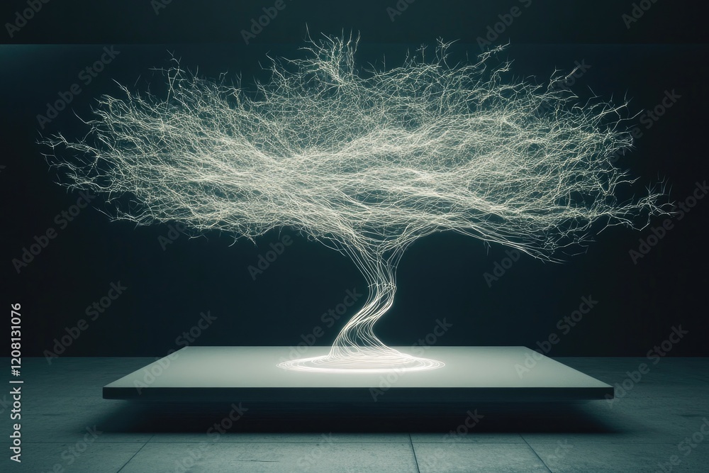 levitating 3d-rendered tree composed entirely of shifting neon lines ...