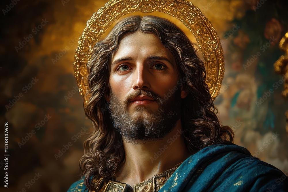 classical portrait of jesus christ with luminous golden halo wearing ...