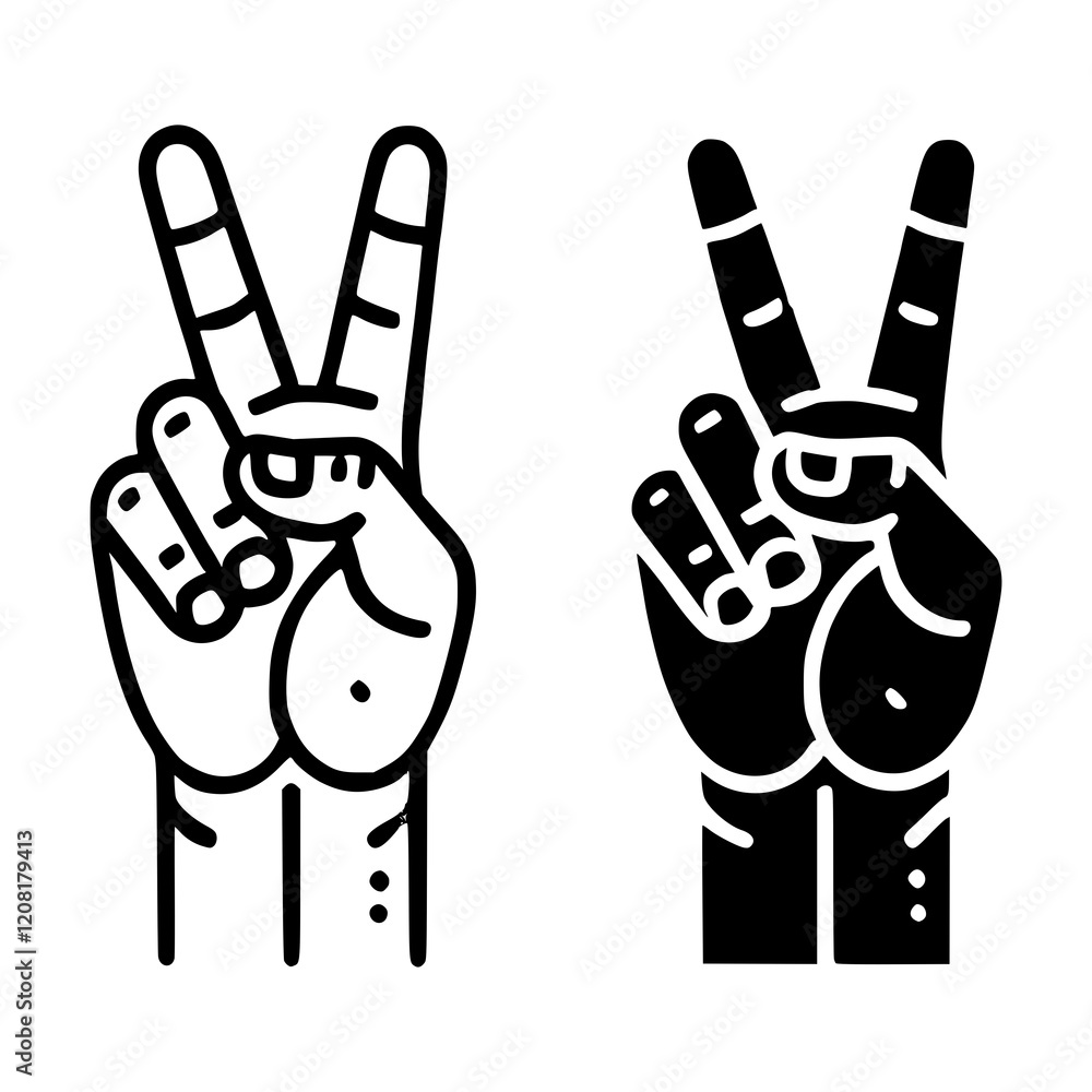 Peace Sign Hand Gesture Icons in Black and White, Minimalist Victory ...