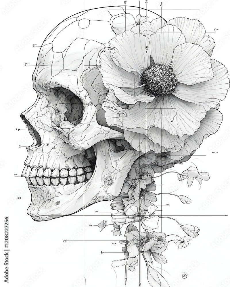 A sketch showing the left half of a skull, with the right side ...