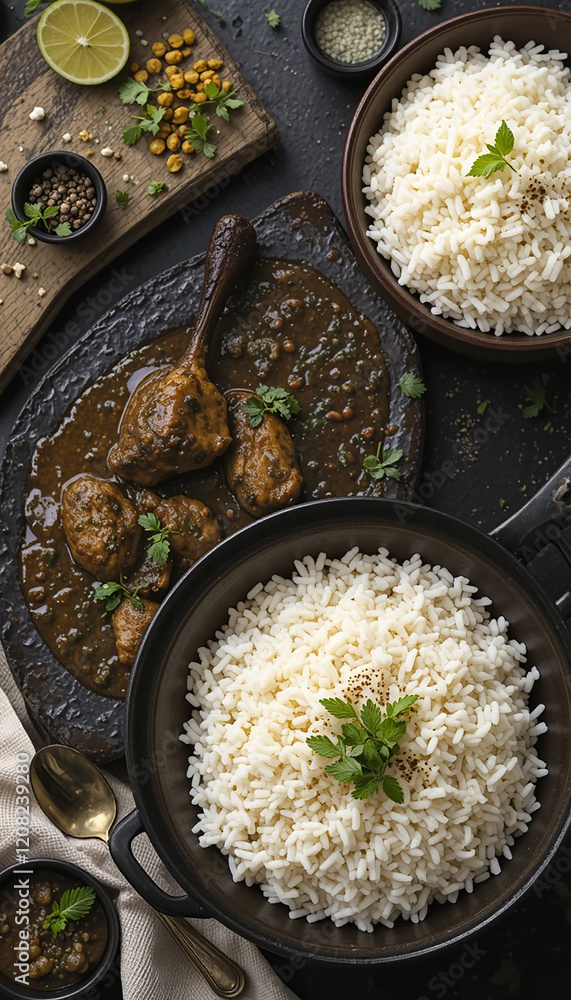 wide top view background food image, butter masala chicken and boiled ...