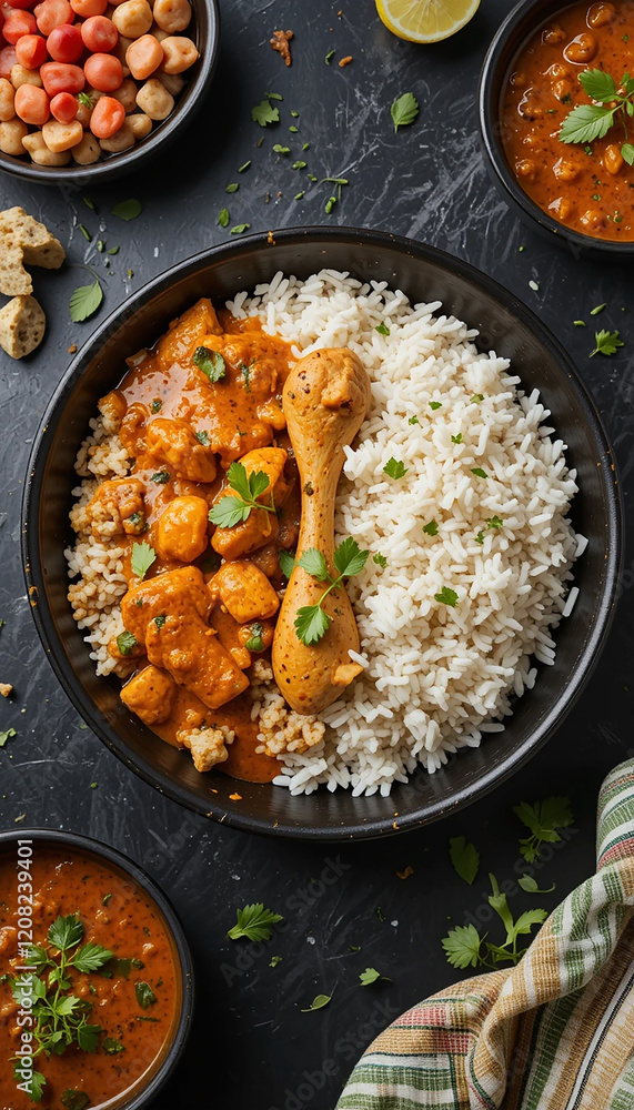 wide top view background food image, butter masala chicken and boiled ...